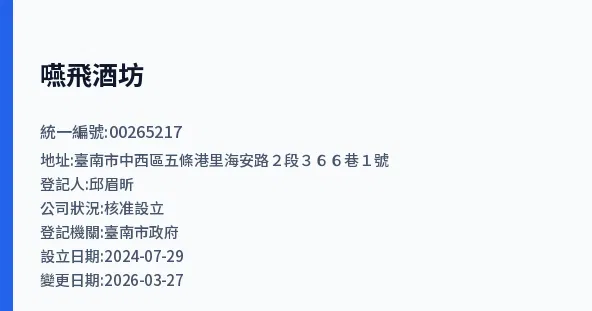 嚥飛酒坊的照片-統編 00265217(臺南市) 公司登記資料與營業項目詳細圖表
