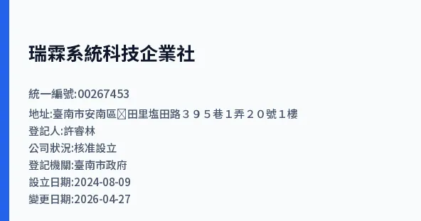瑞霖系統科技企業社的照片-統編 00267453(臺南市) 公司登記資料與營業項目詳細圖表