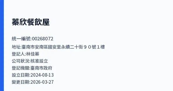 蓁欣餐飲屋的照片-統編 00268072(臺南市) 公司登記資料與營業項目詳細圖表