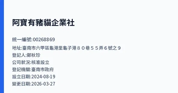 阿寶有豬貓企業社的照片-統編 00268869(臺南市) 公司登記資料與營業項目詳細圖表