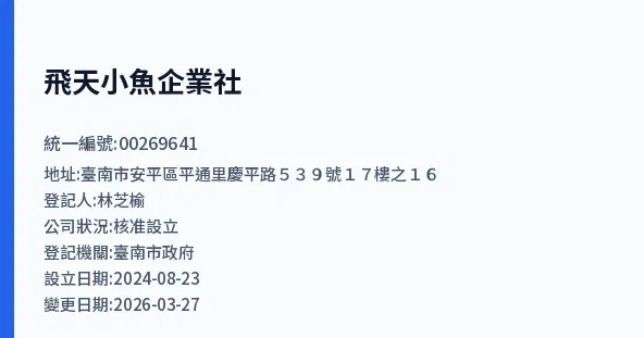飛天小魚企業社的照片-統編 00269641(臺南市) 公司登記資料與營業項目詳細圖表