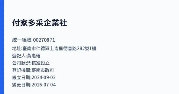 付家多采企業社的照片-統編 00270871(臺南市) 公司登記資料與營業項目詳細圖表