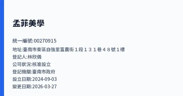 孟菲美學的照片-統編 00270915(臺南市) 公司登記資料與營業項目詳細圖表