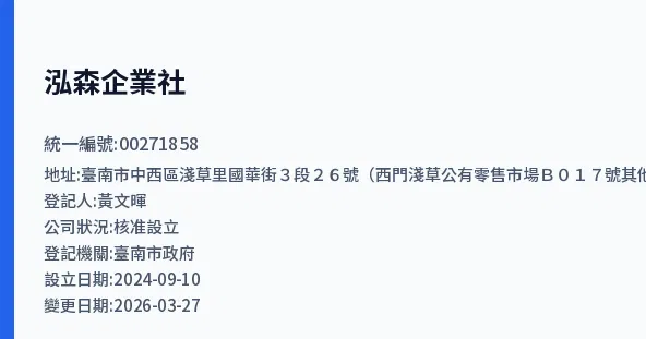 泓森企業社的照片-統編 00271858(臺南市) 公司登記資料與營業項目詳細圖表