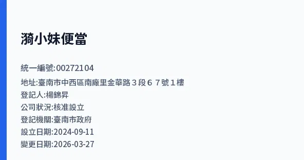 漪小妹便當的照片-統編 00272104(臺南市) 公司登記資料與營業項目詳細圖表