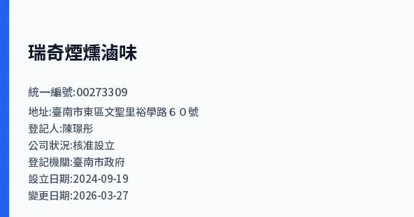 瑞奇煙燻滷味的照片-統編 00273309(臺南市) 公司登記資料與營業項目詳細圖表