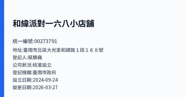 和緯派對一六八小店舖的照片-統編 00273791(臺南市) 公司登記資料與營業項目詳細圖表