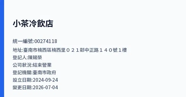 小茶冷飲店的照片-統編 00274118(臺南市) 公司登記資料與營業項目詳細圖表