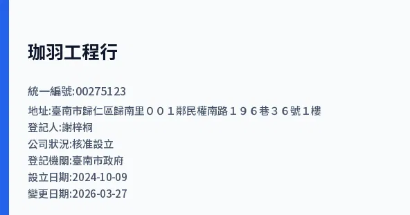 珈羽工程行的照片-統編 00275123(臺南市) 公司登記資料與營業項目詳細圖表