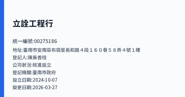 立詮工程行的照片-統編 00275186(臺南市) 公司登記資料與營業項目詳細圖表