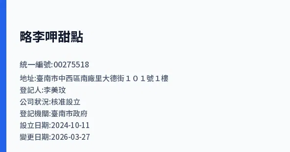 略李呷甜點的照片-統編 00275518(臺南市) 公司登記資料與營業項目詳細圖表
