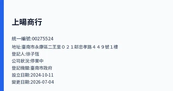 上暘商行的照片-統編 00275524(臺南市) 公司登記資料與營業項目詳細圖表