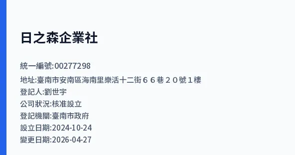 日之森企業社的照片-統編 00277298(臺南市) 公司登記資料與營業項目詳細圖表