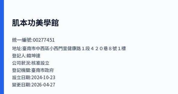 肌本功美學館的照片-統編 00277451(臺南市) 公司登記資料與營業項目詳細圖表