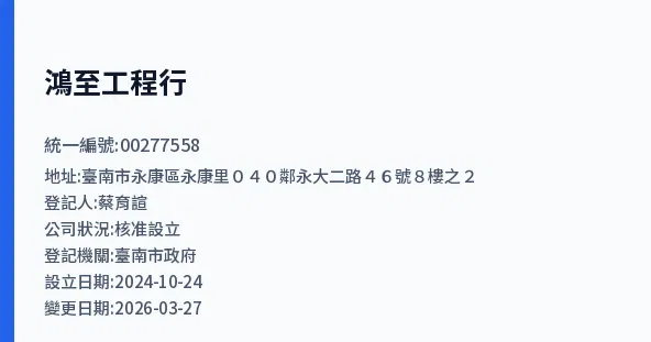 鴻至工程行的照片-統編 00277558(臺南市) 公司登記資料與營業項目詳細圖表