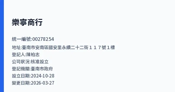 樂寧商行的照片-統編 00278254(臺南市) 公司登記資料與營業項目詳細圖表