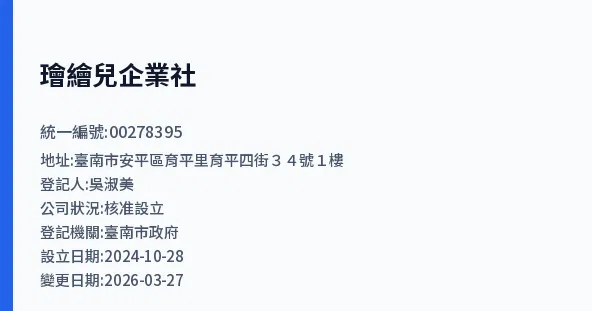 璯繪兒企業社的照片-統編 00278395(臺南市) 公司登記資料與營業項目詳細圖表