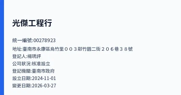 光傑工程行的照片-統編 00278923(臺南市) 公司登記資料與營業項目詳細圖表
