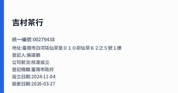 吉村茶行的照片-統編 00279438(臺南市) 公司登記資料與營業項目詳細圖表