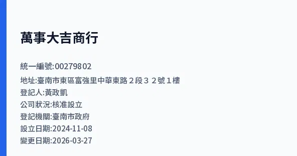 萬事大吉商行的照片-統編 00279802(臺南市) 公司登記資料與營業項目詳細圖表