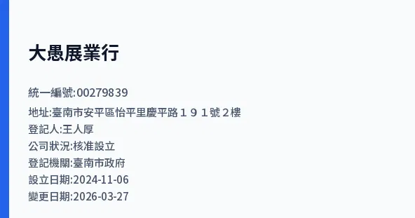 大愚展業行的照片-統編 00279839(臺南市) 公司登記資料與營業項目詳細圖表