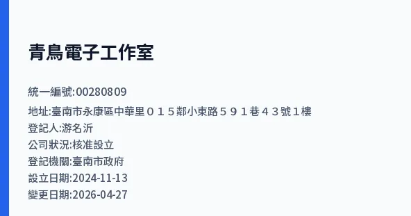 青鳥電子工作室的照片-統編 00280809(臺南市) 公司登記資料與營業項目詳細圖表