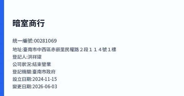 暗室商行的照片-統編 00281069(臺南市) 公司登記資料與營業項目詳細圖表