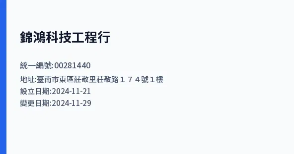 錦鴻科技工程行的照片-統編 00281440(臺南市) 公司登記資料與營業項目詳細圖表