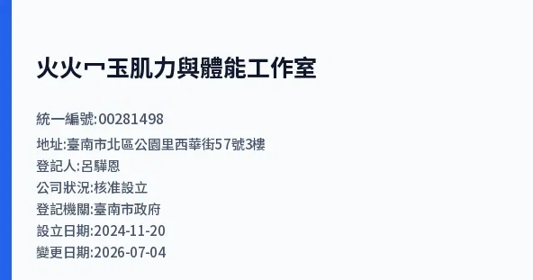 火火冖玉肌力與體能工作室的照片-統編 00281498(臺南市) 公司登記資料與營業項目詳細圖表