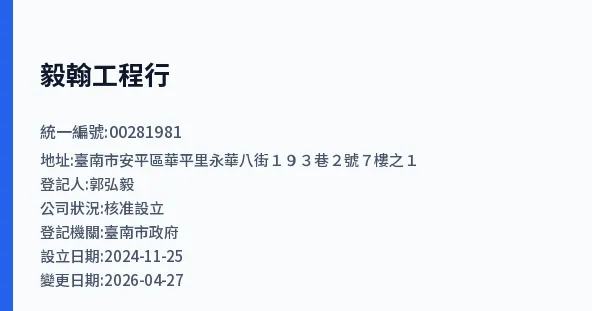 毅翰工程行的照片-統編 00281981(臺南市) 公司登記資料與營業項目詳細圖表