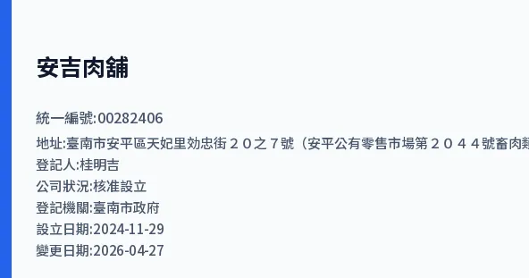安吉肉舖的照片-統編 00282406(臺南市) 公司登記資料與營業項目詳細圖表
