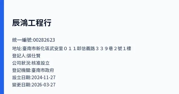 辰鴻工程行的照片-統編 00282623(臺南市) 公司登記資料與營業項目詳細圖表