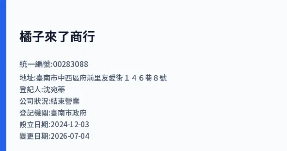 橘子來了商行的照片-統編 00283088(臺南市) 公司登記資料與營業項目詳細圖表