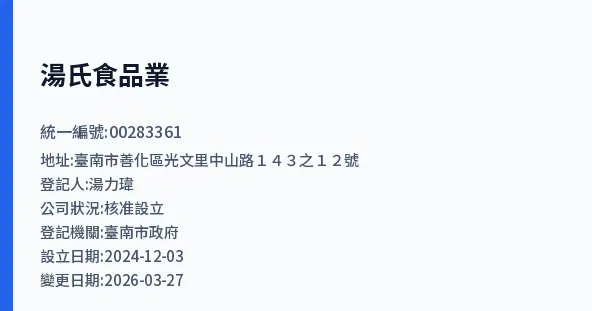 湯氏食品業的照片-統編 00283361(臺南市) 公司登記資料與營業項目詳細圖表