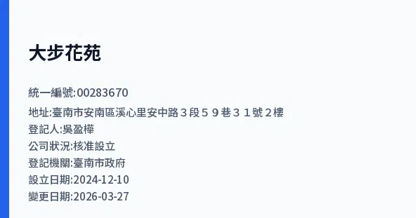 大步花苑的照片-統編 00283670(臺南市) 公司登記資料與營業項目詳細圖表