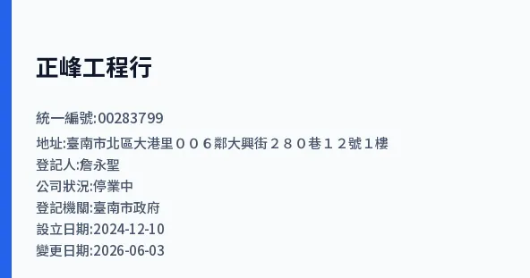 正峰工程行的照片-統編 00283799(臺南市) 公司登記資料與營業項目詳細圖表