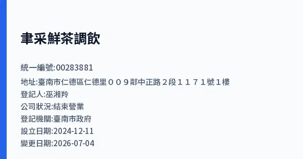 聿采鮮茶調飲的照片-統編 00283881(臺南市) 公司登記資料與營業項目詳細圖表