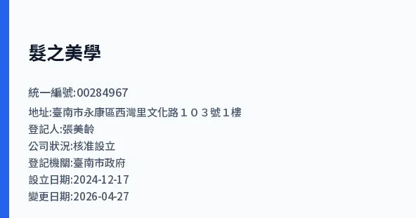 髮之美學的照片-統編 00284967(臺南市) 公司登記資料與營業項目詳細圖表