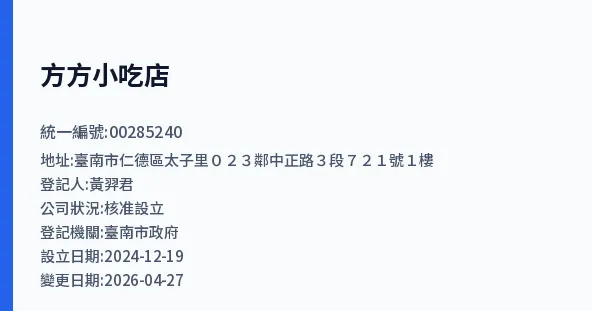 方方小吃店的照片-統編 00285240(臺南市) 公司登記資料與營業項目詳細圖表