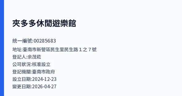 夾多多休閒遊樂館的照片-統編 00285683(臺南市) 公司登記資料與營業項目詳細圖表