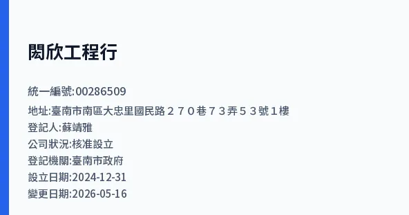 閎欣工程行的照片-統編 00286509(臺南市) 公司登記資料與營業項目詳細圖表