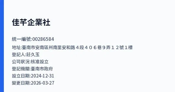 佳芊企業社的照片-統編 00286584(臺南市) 公司登記資料與營業項目詳細圖表