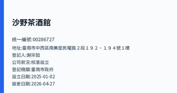 沙野茶酒館的照片-統編 00286727(臺南市) 公司登記資料與營業項目詳細圖表
