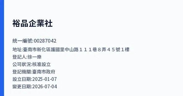 裕品企業社的照片-統編 00287042(臺南市) 公司登記資料與營業項目詳細圖表