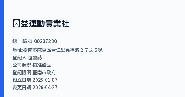 㞼益運動實業社的照片-統編 00287280(臺南市) 公司登記資料與營業項目詳細圖表