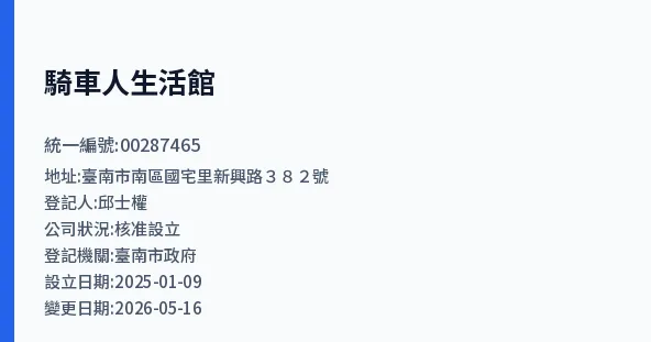 騎車人生活館的照片-統編 00287465(臺南市) 公司登記資料與營業項目詳細圖表
