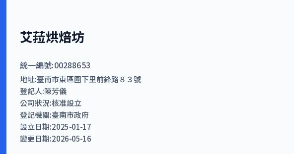 艾菈烘焙坊的照片-統編 00288653(臺南市) 公司登記資料與營業項目詳細圖表