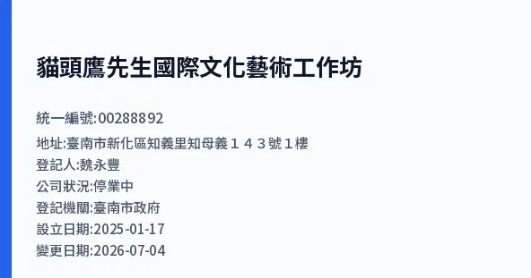 貓頭鷹先生國際文化藝術工作坊的照片-統編 00288892(臺南市) 公司登記資料與營業項目詳細圖表