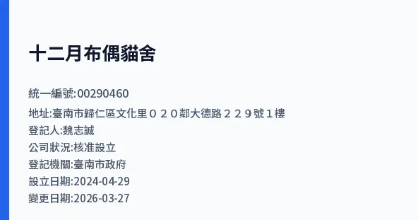 十二月布偶貓舍的照片-統編 00290460(臺南市) 公司登記資料與營業項目詳細圖表