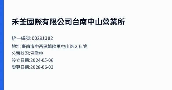 禾荃國際有限公司台南中山營業所的照片-統編 00291382(臺南市) 公司登記資料與營業項目詳細圖表